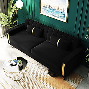 ANTTYBALE Couch 85.62" 3 Seats Sectional Velvet Fabric Sofa Easy Assemble Sofa Bed with 2 Couch Pillows,Gold Metal Legs for Living Room (P17, Black)
