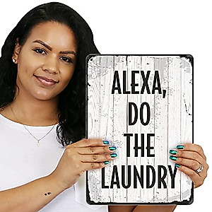 SmartSign Alexa Do The Laundry Sign, Modern Laundry Room Sign, 14 x 10 inch, 40 mil Laminated Rustproof Aluminum, Rustic Wall Décor, Black on Light Wooden Pattern Background