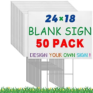 Tatuo 50 Pcs 18x24 Inches Large Blank Yard Signs with H Stakes Corrugated White Plastic Kit Includes 50 Lawn Signs 50 Metal H Stakes 10x16 Inches for Campaign Business Garage Rent