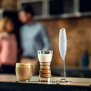 Milk Frother White - Coffee Frother Handheld with Electric Whisk - 19000 rpm - Book Recipes and Stainless Steel Stand Included - Hand Mixer Electric (White and Gold)