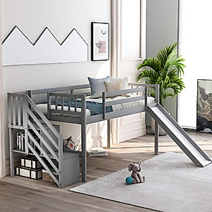 Low Loft Bed with Stairs for Kids and Toddlers Wood Loft Bed Frame with Slide Twin Loft Beds with Stairway Storage for Boys Girls, Gray