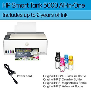 HP Smart-Tank 5000 Wireless All-in-One Ink-Tank Printer with up to 2 years of ink included, mobile print, scan, copy, white, 17.11 x 14.23 x 6.19