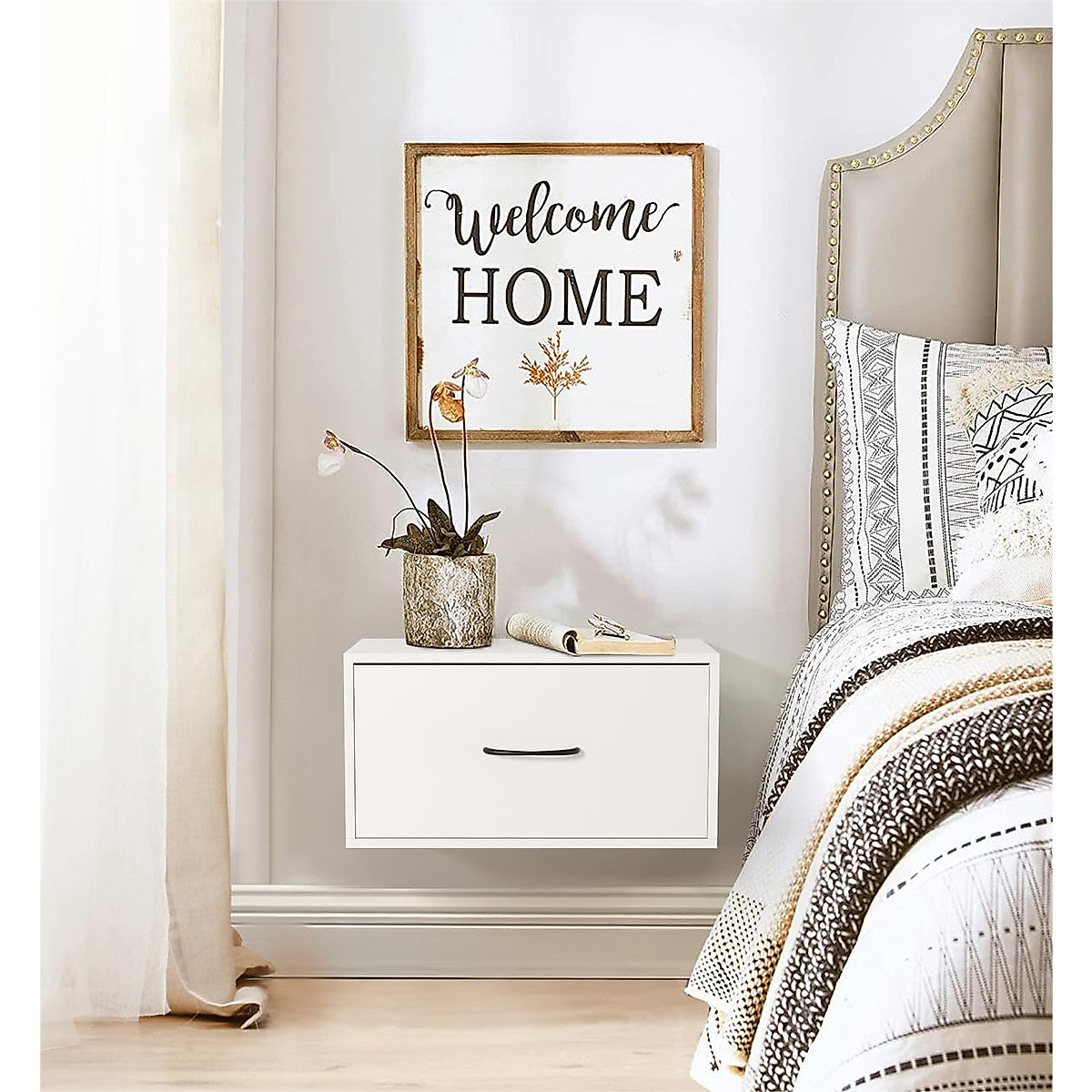 Filano Floating Nightstand Shelf with Drawer, Bedside Shelf Wall Mounted Nightstand, White Bed Side Table/Night Stand with Drawer, Small Wall Shelves for Bedroom Modern Decor