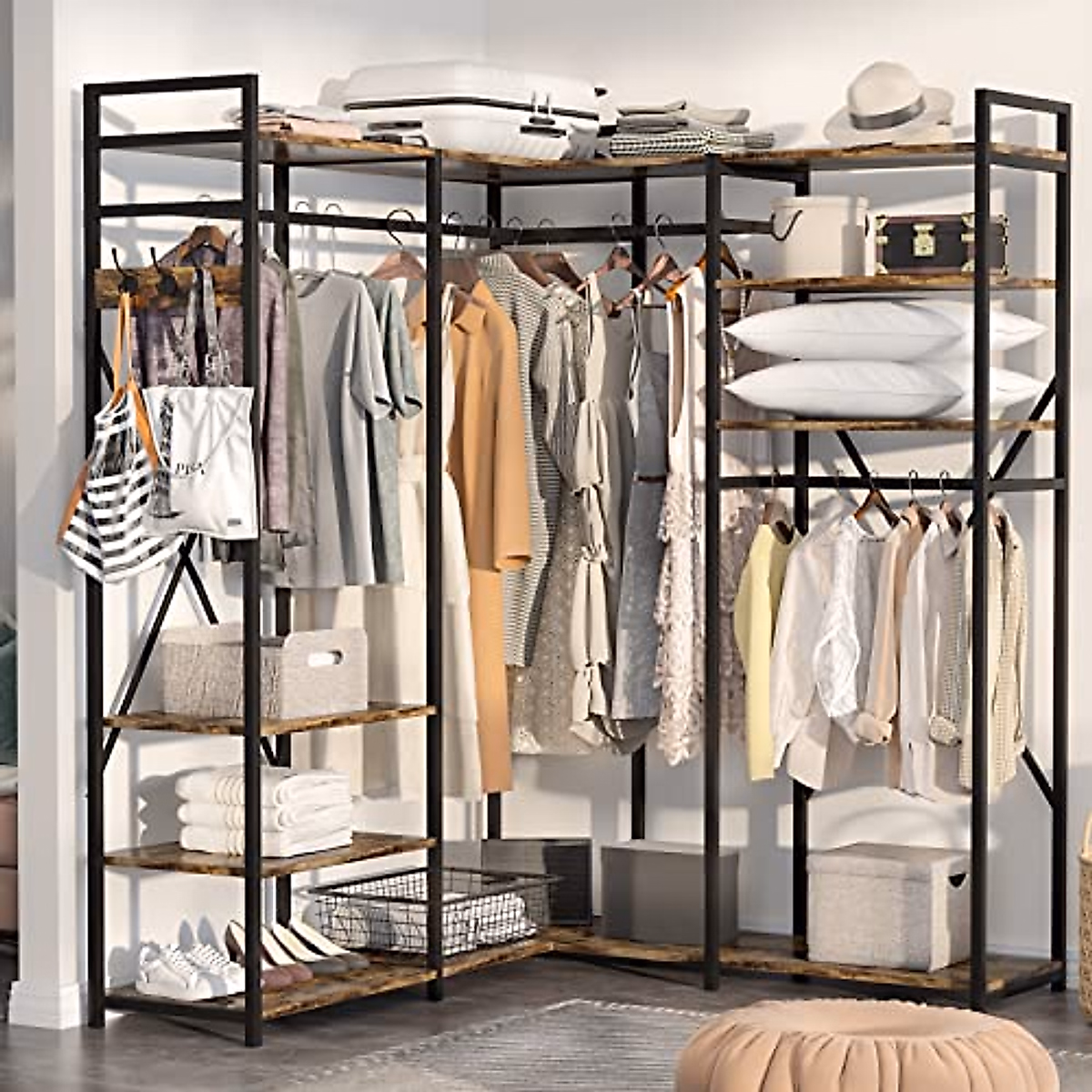PAKASEPT L Shaped Garment Rack, L Shaped Closet Organizer, Freestanding Corner Clothes Garment Rack with 4 Hanging Rods and Open Shelves Heavy Duty Metal Clothing Rack for Bedroom