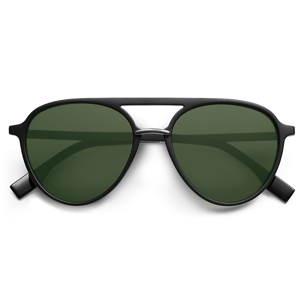 SOJOS Retro Aviator Polarized Sunglasses for Women Men Double Bridge Ladies Shades SJ2078 with Matte Black Frame/Green Lens