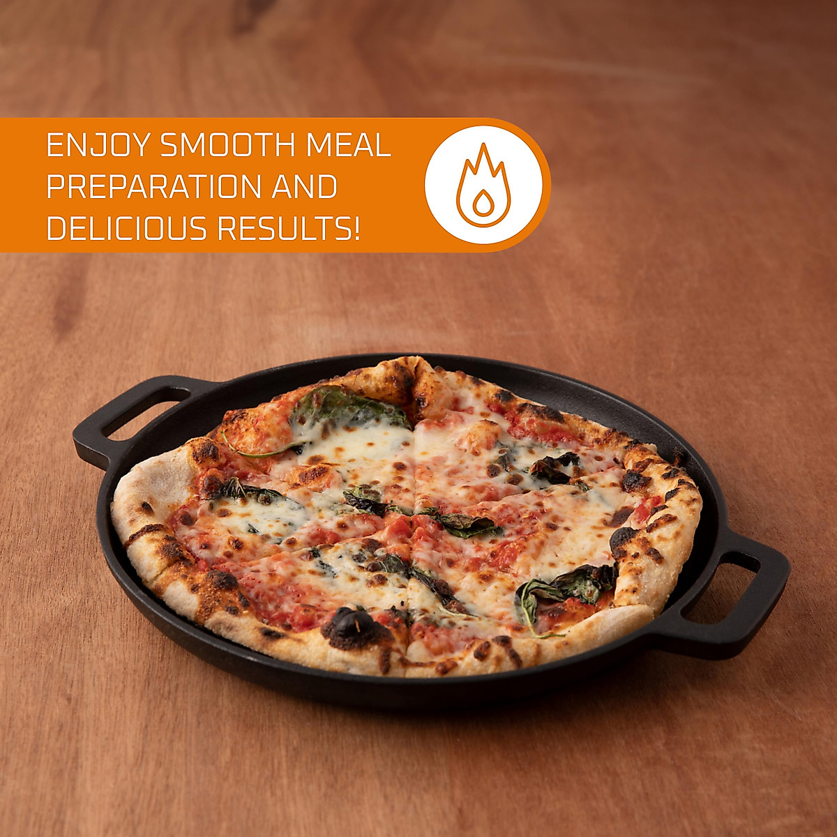 Bruntmor 12-Inch Pre-Seasoned Cast Iron Skillet Pan - Pizza Pan with Dual Large Loop Handles - Ideal as Camping Skillet and Fry Pan - Oven Safe and Electric Stovetop Compatible - Black