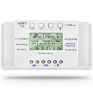 MPPT T-30 Solar Charge Controller 12V 24V for Max 48V Input with LCD Display,Compatible MPPT Charge Controller PWM Intelligent/Efficient/Energy Saving