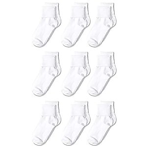 Amazon Essentials Toddler Girls' Cotton Uniform Turn Cuff Sock, 9 Pairs, White, 4-5T