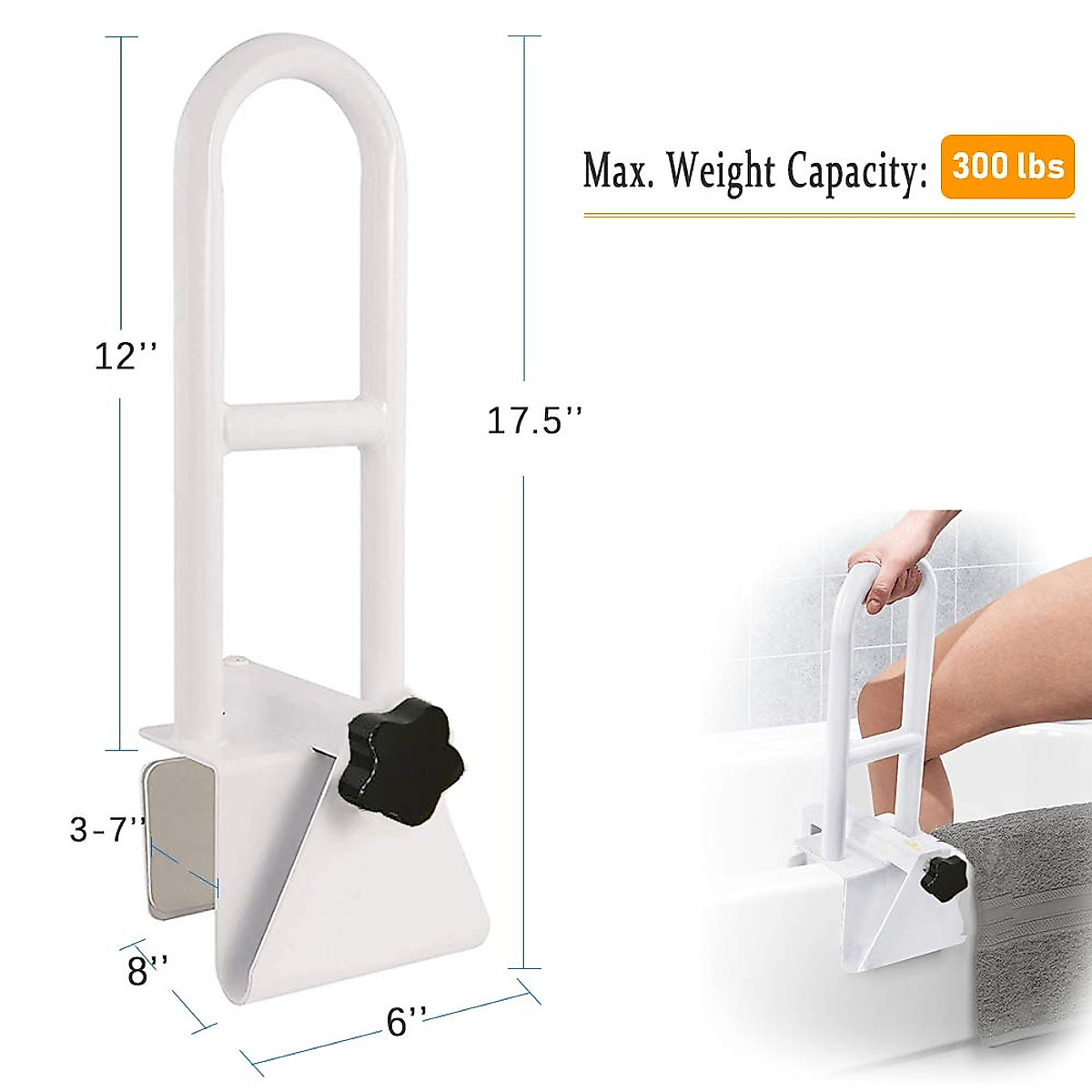MOASKER Bathtub Safety Rail,White Bathtub Rail Clamp Railing Bath Support Adjustable Shower Hand Grip Handle Assist Grab Bar