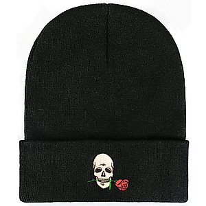 FUNCOOLCY Skull and Rose Soft Slouchy Beanie Hat,Winter Warm Knit Cuffed Skull Cap for Men Women