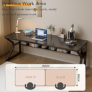 OSCHF Extra Long Desk with Bookshelf - 71" Double Long Writing Table for 2-Person Workstation, Modern Study Work Computer Desk for Home and Office, Black