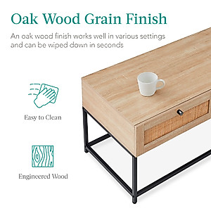 Best Choice Products 39in Rattan Coffee Table, 2-Drawer Modern Boho Home Furniture for Living Room, Bonus Room w/Wicker Storage Compartments, Oak Wood Grain Finish, Metal Frame & Knobs - Light Walnut