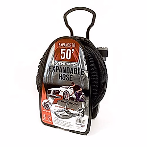 AquaStretch Expandable Garden Hose 50 ft, Lightweight, Heavy-Duty, Stretchable, Flexible Water Hoses with Storage Reel Rack, Fits All Standard Nozzles and Taps, Comes in Black or Red, Colors vary