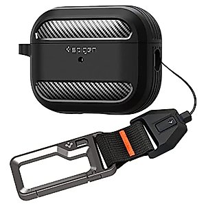 Spigen Rugged Armor Case and Lanyard with Carabiner Designed for AirPods Pro 2nd Generation Case (2022) - Black