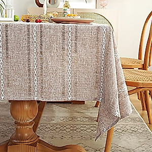 Chassic Rustic Farmhouse Style Hemstitched Embroidered Linen Tablecloth, Wrinkle Resistant Washable Dining Room tablecloths for Rectangle Tables, 60 x 84 inches - Light Coffee