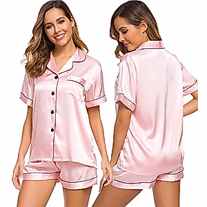 SWOMOG Womens Silk Satin Pajamas Set Two-piece Pj Sets Sleepwear Loungewear Button-Down Pj Sets Pink