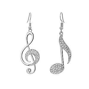 Women Dangle Earrings with Music Note Drop - CZ Clear Crystal Musical Fans Clip on Hook Earring, Rhinestone Fashion Costume Jewelry for Girls…