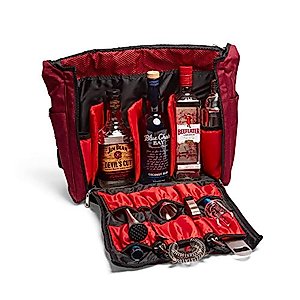 VADCAD Travel Bar Red & Black, Water Resistant, Bartending Supplies, Pockets for Carrying Cocktail Kit (Bag Only), 13.8H X 12.5W X 4.7D, Crimson Red