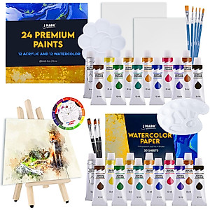 J MARK Acrylic & Watercolor Painting Kit – Complete Painting Set with Watercolor Kit, Acrylic & Watercolor Paint Tubes, Wood Easel, Watercolor Paper, Canvas Painting Kit & More