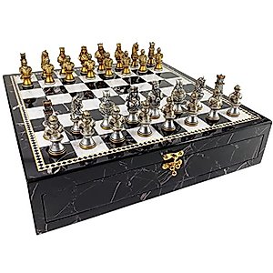 Medieval Times Crusades Knight Chess Set Gold & Silver Busts with 17 inch Faux Marble Storage Board