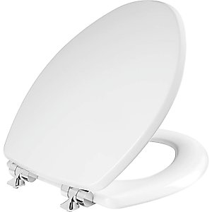 Mayfair Benton Toilet Seat with Chrome Hinges, Slow Close Wood Seat, Secure Metal Hinges, Easy Install, Elongated, White