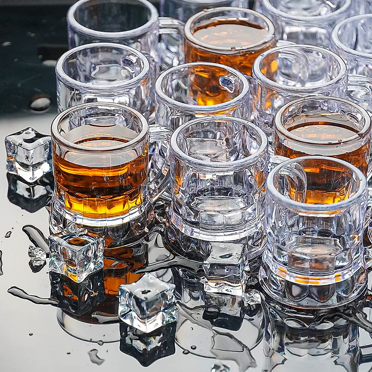 JUXINGDAZYF Plastic Beer Mug 2 Oz, 24 PCS Mini Beer Mug Shot Glasses, Heavy Base Clear Mini Beer Mugs, Small Plastic Shot Cups for Party Drink, Beer, Whiskey, Tequila, Vodka