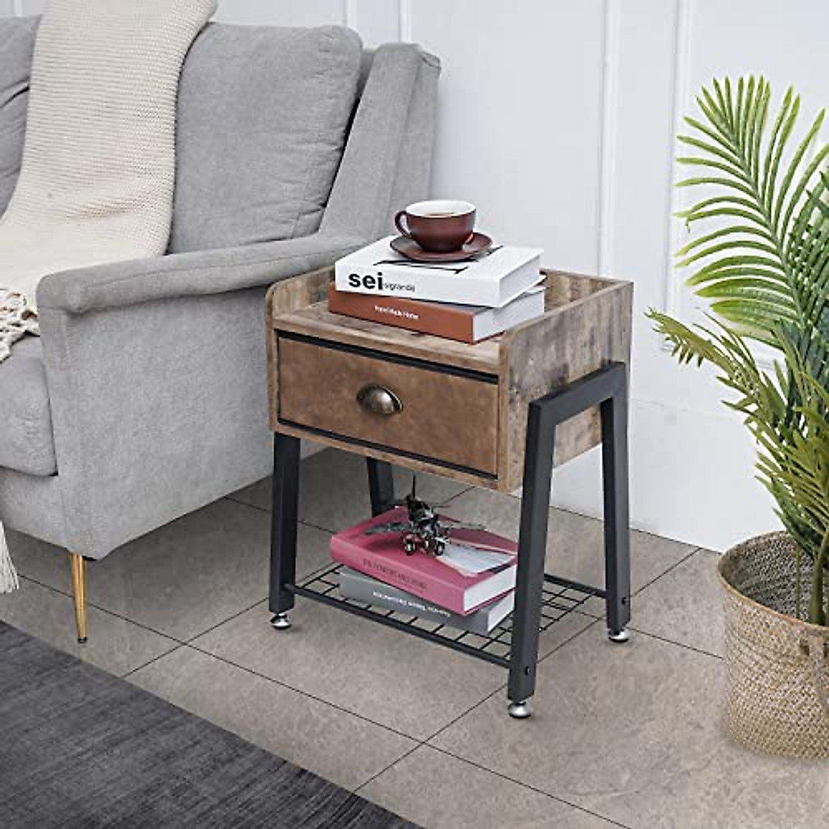 X-cosrack Rustic Nightstand with Drawer, Brown Small Nightstand Bedside Table for Bedroom, Bed Side Table/Night Stand for Living Room, 20.47 x 14.37 x 24 Inch