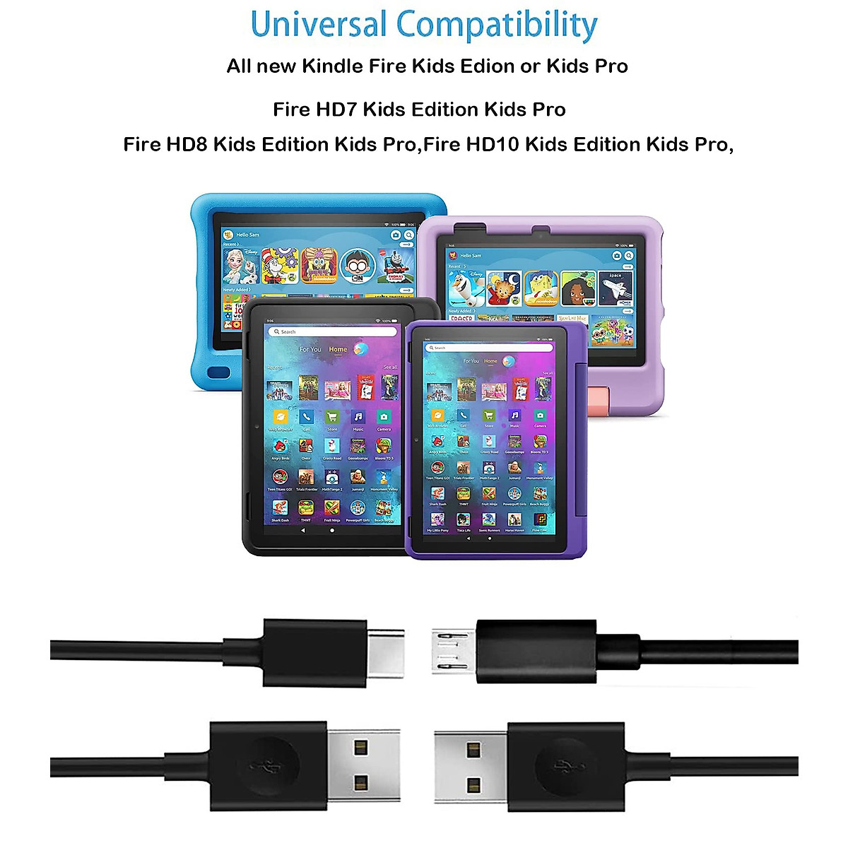 Kids Fire Tablet Charger with 5Ft USB C&Micro USB Cord Fit for Fire HD 7 8 10 Kids Edition,Fire 7 8 10 Plus Kids Pro and Kindle Kids Edition…