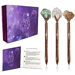 3 Pcs Rose Gold Crystal Pens - Citrine, Clear Quartz, Green Aventure Healing Crystals - For Journaling, Gratitude, Abundance, Witchcraft - Unique Elegant Gift Box