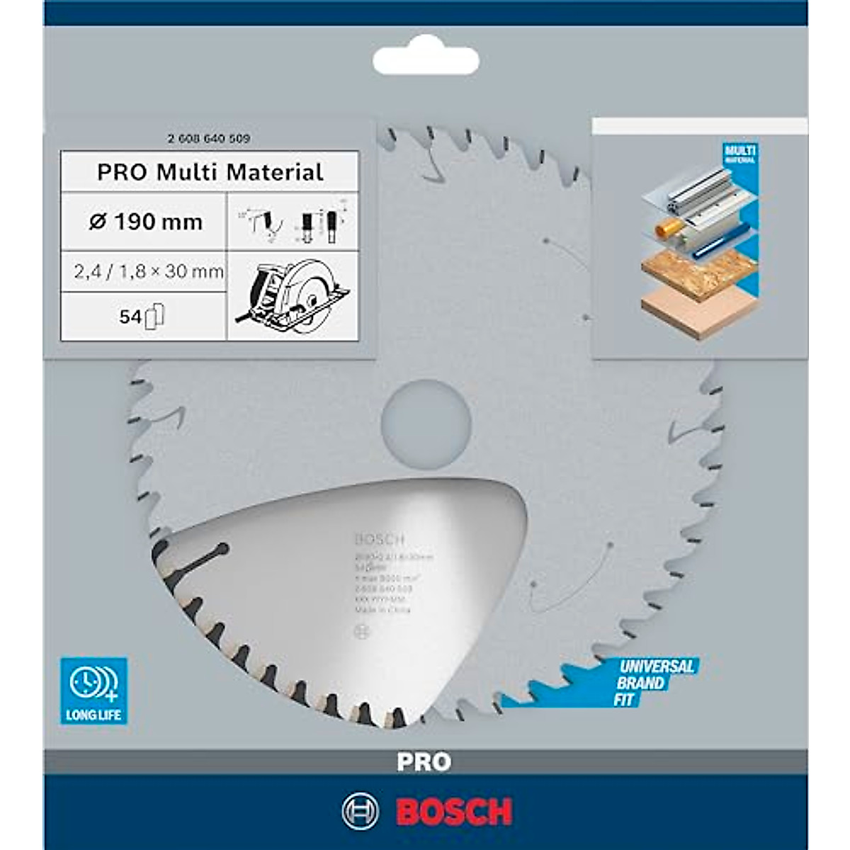 Bosch 2608640509 Multi Material Circular Saw Blade, 190mm x 2.4mm x 30mm, 54 Teeth, Silver