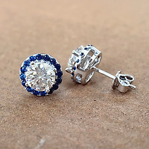 DovEggs Moissanite Stud Earrings for Women 10K White Gold Post 2ct GHI Cushion Cut Halo Created Moissanite with Blue Sapphire Push Back Earrings Sterling Silver (6.5mm Round -Cut)