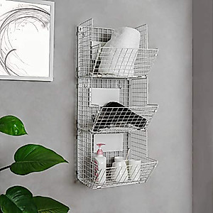 X-cosrack Metal Wire Basket Wall Mount, 3 Tier Wall Storage Basket Organizer with Hanging Hooks Chalkboards, Rustic Kitchen Fruit Produce Bin Rack Bathroom Tower Baskets (White)