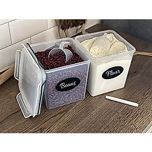 2 Large Airtight Food Storage Containers for Flour, Sugar 142oz - Kitchen Pantry Plastic Containers - Air Tight Canisters Set With Locking Lids - 4 Labels, Marker and 2 Measuring Cups(Black,White)