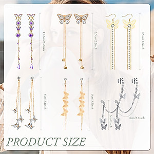 6 Pairs Butterfly Cuff Tassel Chain Earrings Cute Butterfly Stud Drop Dangle Earrings Long Crystal Butterfly Earrings Jewelry Butterfly Purple Rhinestones Statement Charm for Women Girl (Silver, Gold)