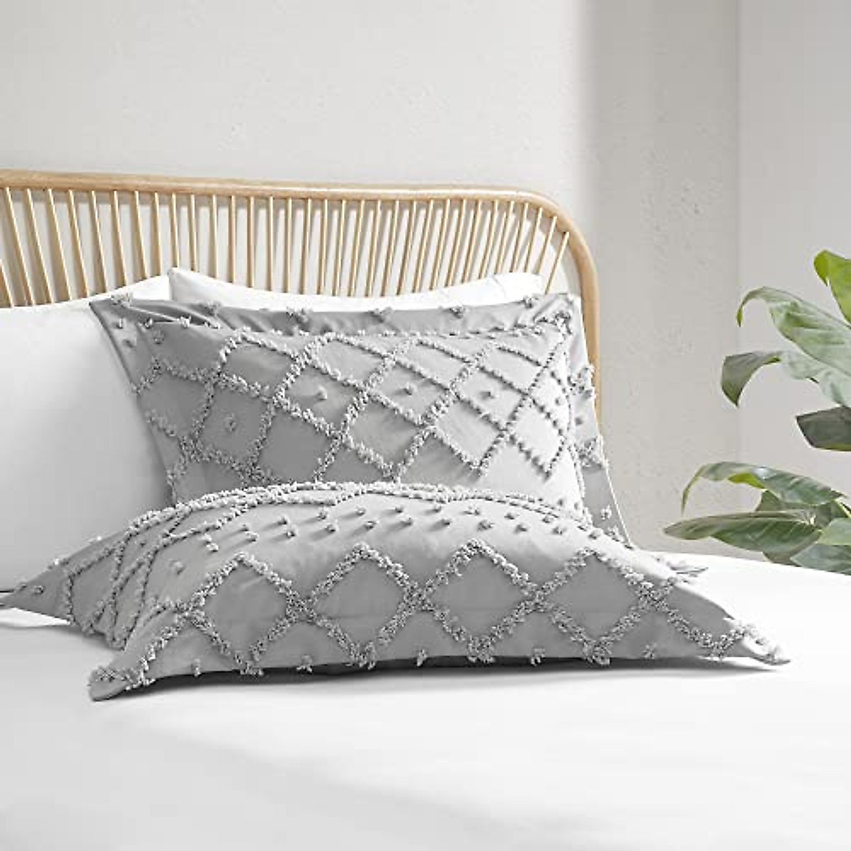 Codi Twyla Tufted Boho Duvet Cover King Sizes, Grey Microfiber Bedding Set for All Seasons, Embroidery Shabby Chic Comforter Covers with Zipper, 3-Pieces Including Matching Pillow Shams (104"x 90")