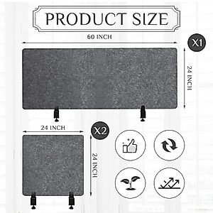 Jetec Clamp on Desk Divider for Office Acoustic Desk Privacy Panel Sound Proof Dividers Sound Absorbing Cubicle Wall Desk Partition Standing Desk Accessory (Dark Gray, 60 x 24 Inch, 24 x 24 Inch)