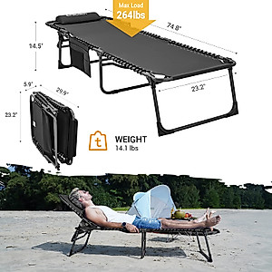 FUNDANGO Folding Outdoor Chaise Lounge Chair, 5-Position Adjustable Lounge Chair for Lawn, Patio, Beach, Sunbathing, Deck, Portable Heavy-Duty Camping Reclining Chair with Pillow, Black