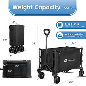 FUNHORUN Heavy Duty Collapsible Wagon Carts, Compact Foldable Utility Wagon with Versatile Canvas for Grocery, Camping, Shopping, Garden, Sports, Load up to 155LBS/120L, Black