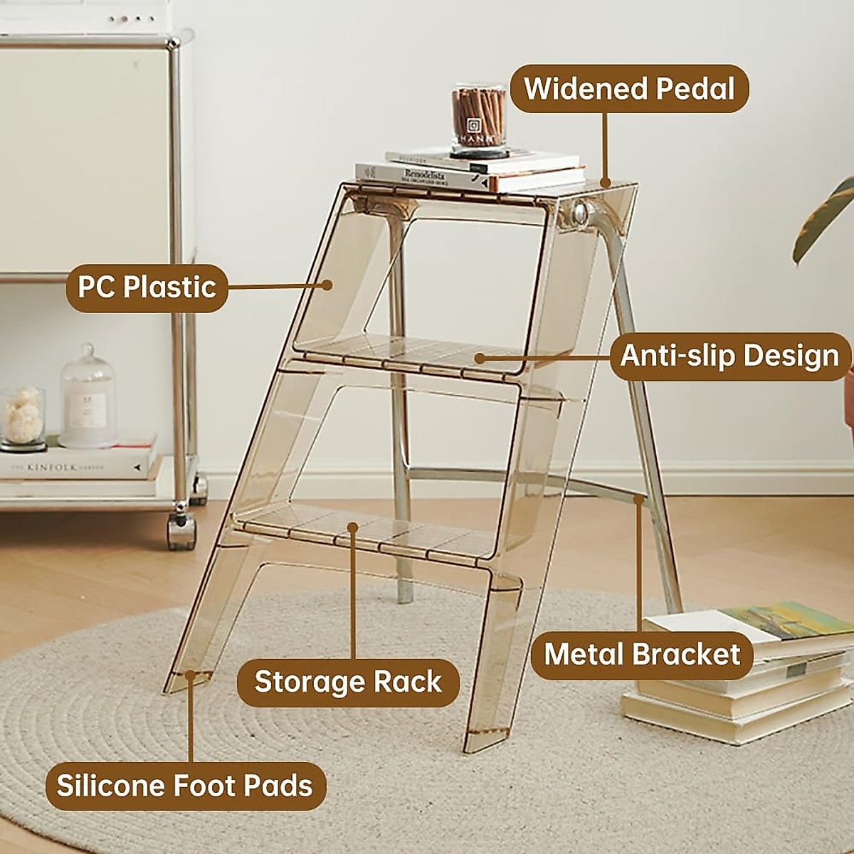 Folding Step Stool for Adults, 3 Step Ladder for Kitchen, Library Step Stool Acrylic Chair with Anti-Slip Platform and Steel Frame, Storage Shelf for Garden, 170lbs Capacity (Amber)