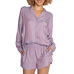 PJ SalvageThe Summer I Turned Pretty Womens Button Down Woven Stripe Pajama SetBubblegum SeaX-Small