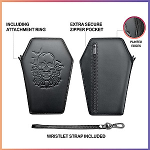 Lazy Skull Zip Around Coffin Wallet – Cute Witchy Wallet for Women with Skull and Bat Design– Goth Accessory Wallet – Horror Coffin Purse– Spooky Halloween Gothic Wallet with Wristlet Strap
