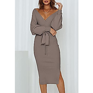 Pink Queen Womens V Neck Sweater Wrap Dresses Batwing Sleeve Sexy Backless Bodycon Slit Maxi Knit Dress with Belt Khaki L