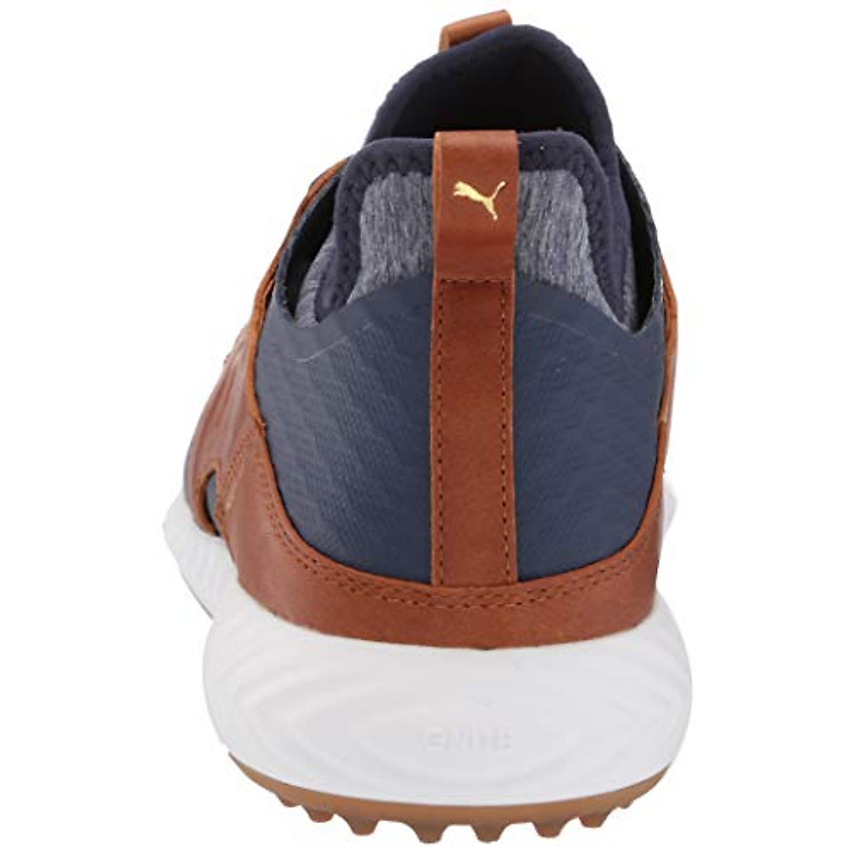 PUMA mens Ignite Pwradapt Caged Crafted Golf Shoe, Peacoat-leather Brown-puma Team Gold, 9.5 US