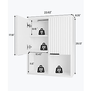 HAIOOU Fluted Bathroom Wall Cabinet with Motion Sensor Light, Curved Profile Wooden Medicine Cabinet Wall Mounted Cupboard, Wave Like Over Toilet Storage Cabinet with Buffering Hinges - Modern White