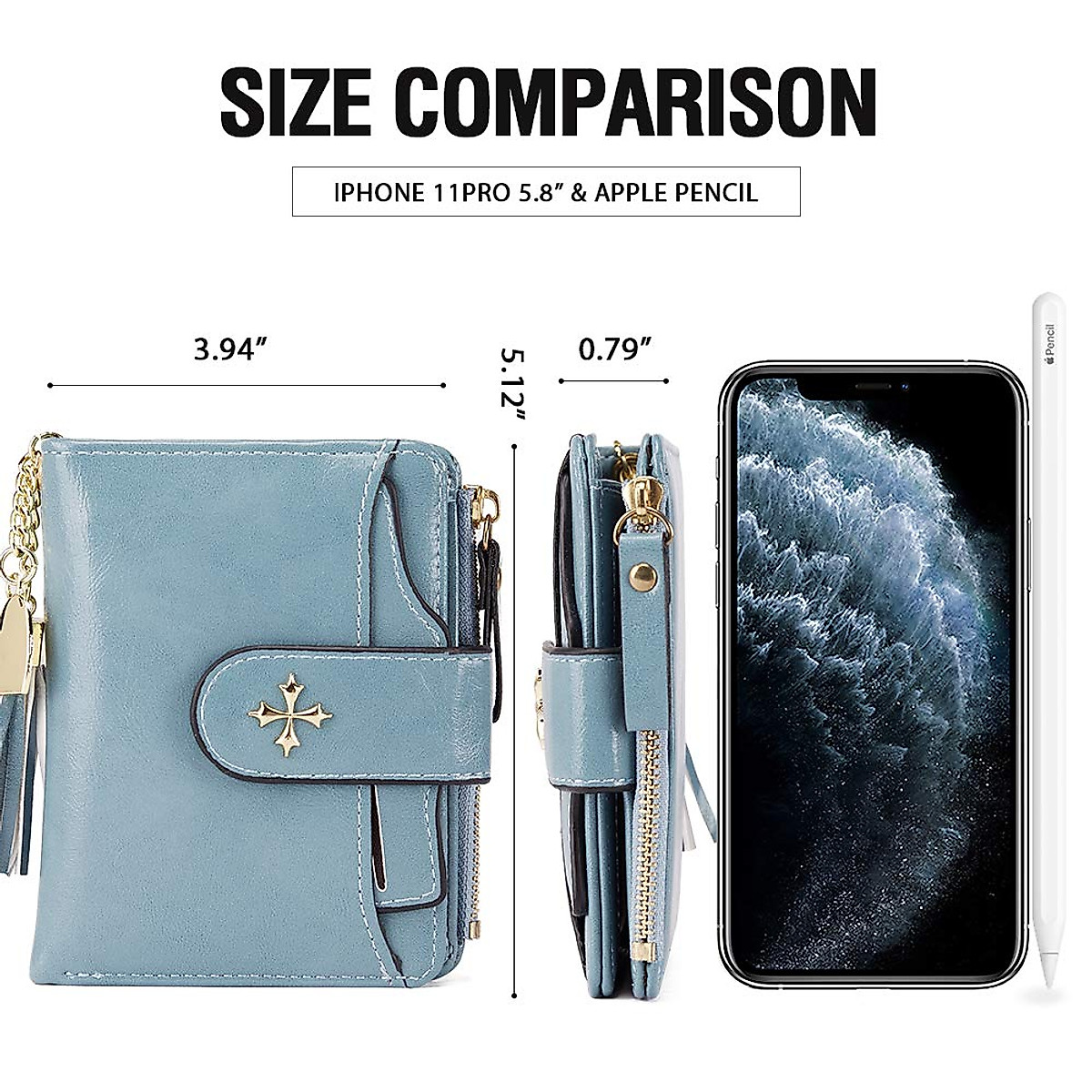 ZLONUBEY Wallet for Women Genuine Leather RFID Blocking Small Women Wallets Bifold Card Case with Zipper Pocket(Blue)