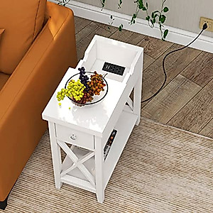 ChooChoo End Table with Flip Top and Charging Station, Narrow Side Table with Storage Cabinet and USB, Skinny Sofa Table with Power Outlet for Living Room Bedroom, White
