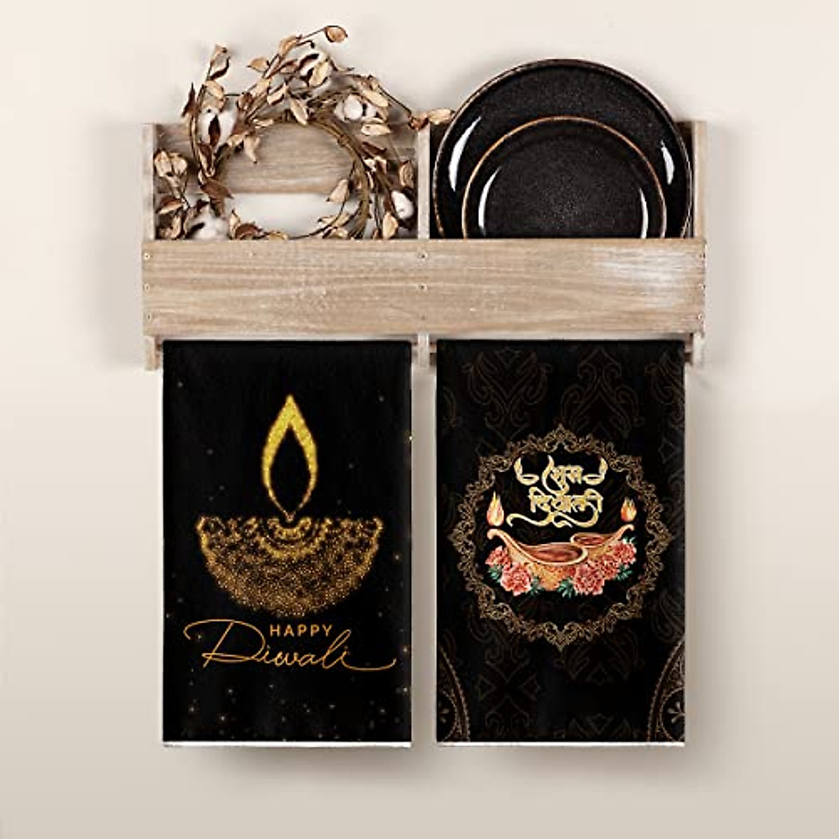 Artoid Mode Marigold Flower Happy Diwali Kitchen Towels Dish Towels, 18x26 Inch Seasonal Indian Festival of Light Decor Hand Towels Set of 2