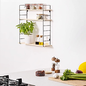 Navaris Wall Shelf Unit - Wall Mounted Hanging Pine Wood and Black Metal Shelves - 3-Shelf Shelving Unit for Bedroom Living Room Kitchen