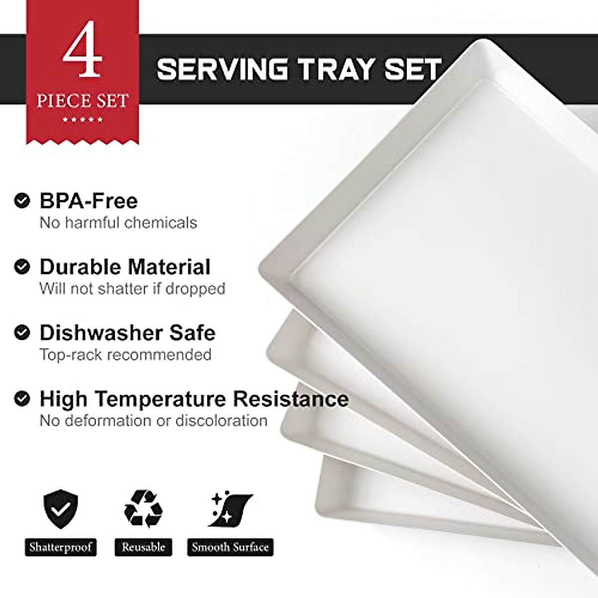 4 Pack, 16" x 11" Large White Serving Trays Set - Reusable Plastic Serving Platters for Cookie, Appetizer, Charcuterie, Snack, Dessert, Party Food Display - Stackable Kitchen CounterTop Tray, BPA Free