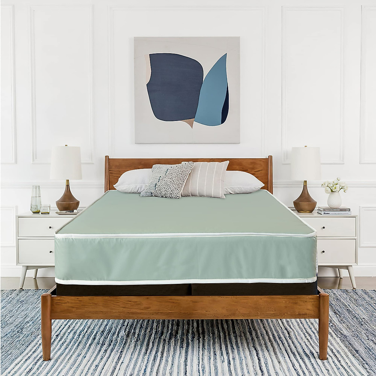 Treaton Pressure Relieving & Cooling High Density Foam Queen Mattress - 9-inch Water Proof Vinyl Medium Firm Tight Top Pocketed Coil Rolled Hybrid Mattres with 8” Wood Box Spring, Bed in Box, Green